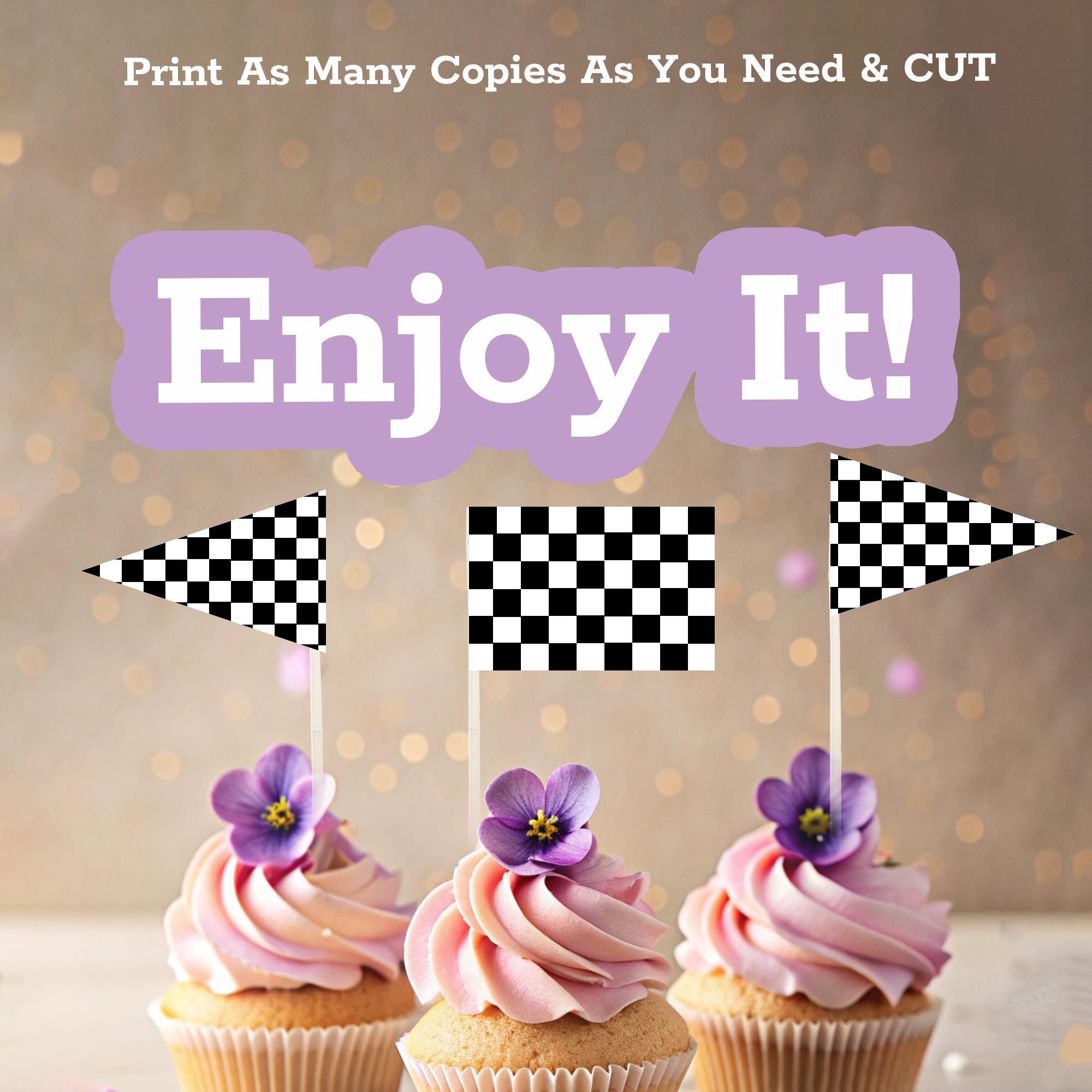 Racing Flag Cupcake Toppers Set - Checkered Finish Line Party Decor ...