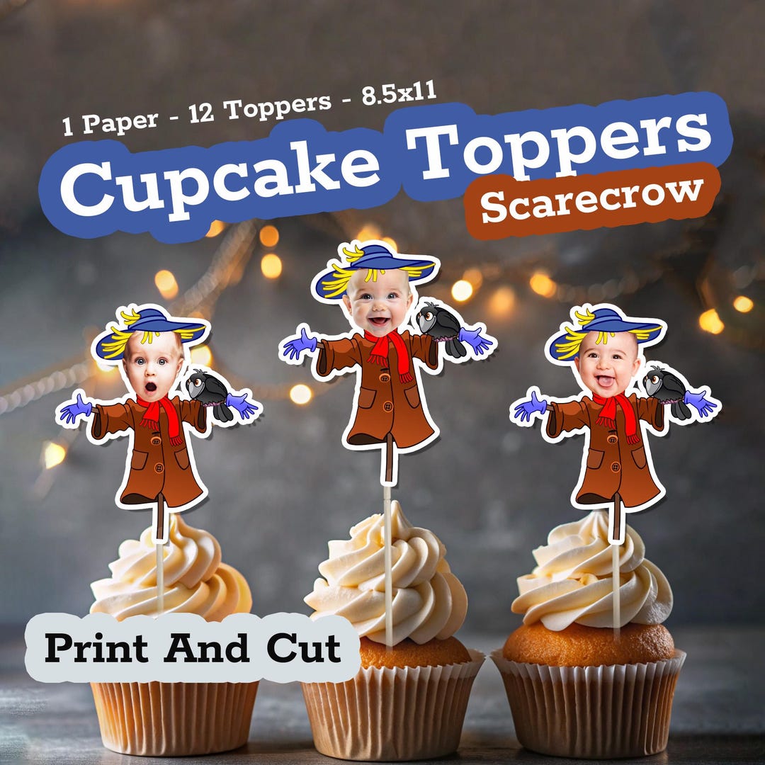Harvest SCARECROW Face Cupcake Toppers – Fall Party Decor, Custom Photo ...