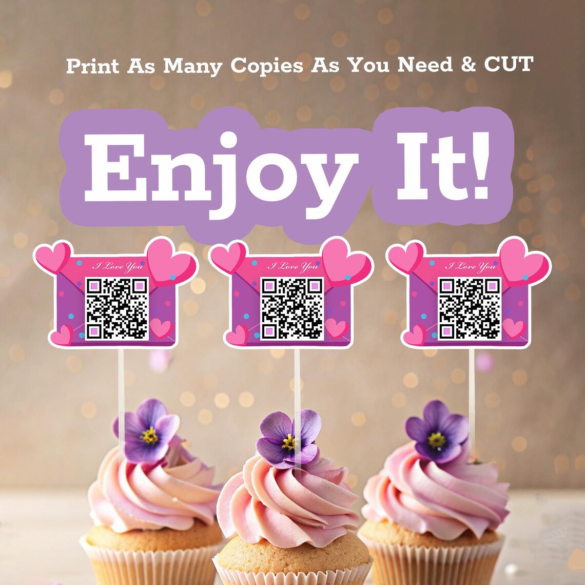 Custom Pink I Love You QR Code Cupcake Toppers Printable Ways to Say I ...