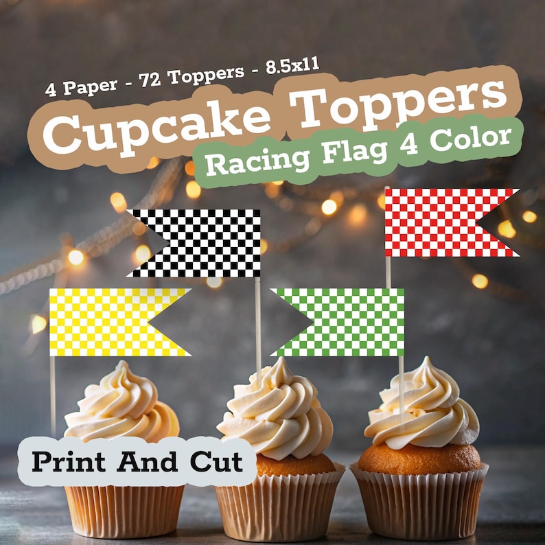 72 PCS Printable Checkered Flag Racing Car Theme Cupcake Toppers ...
