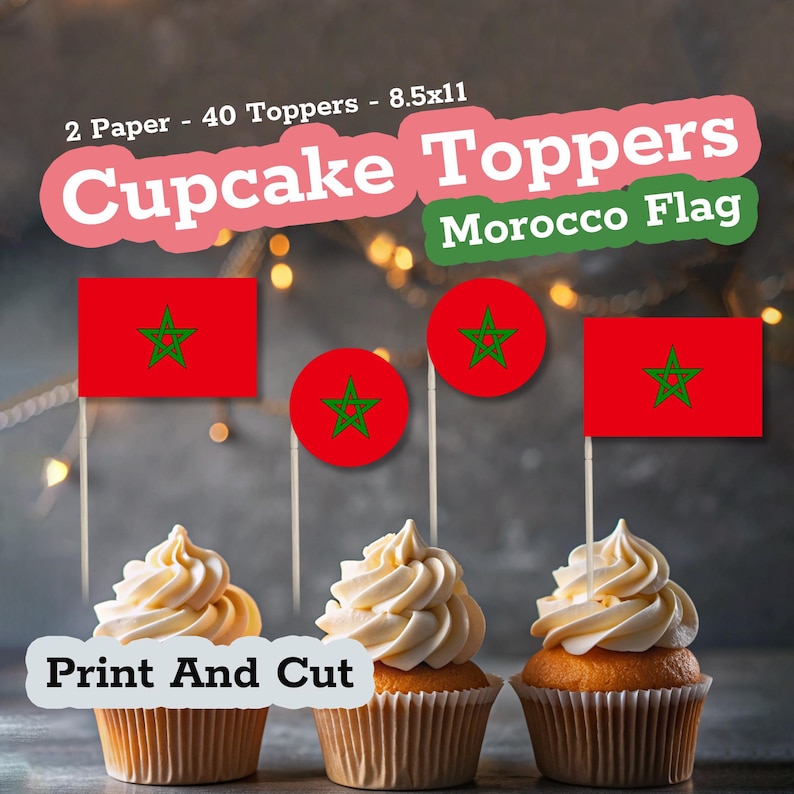 Printable Moroccan Mini Flag Cupcake Toppers | Moroccan Theme Party ...