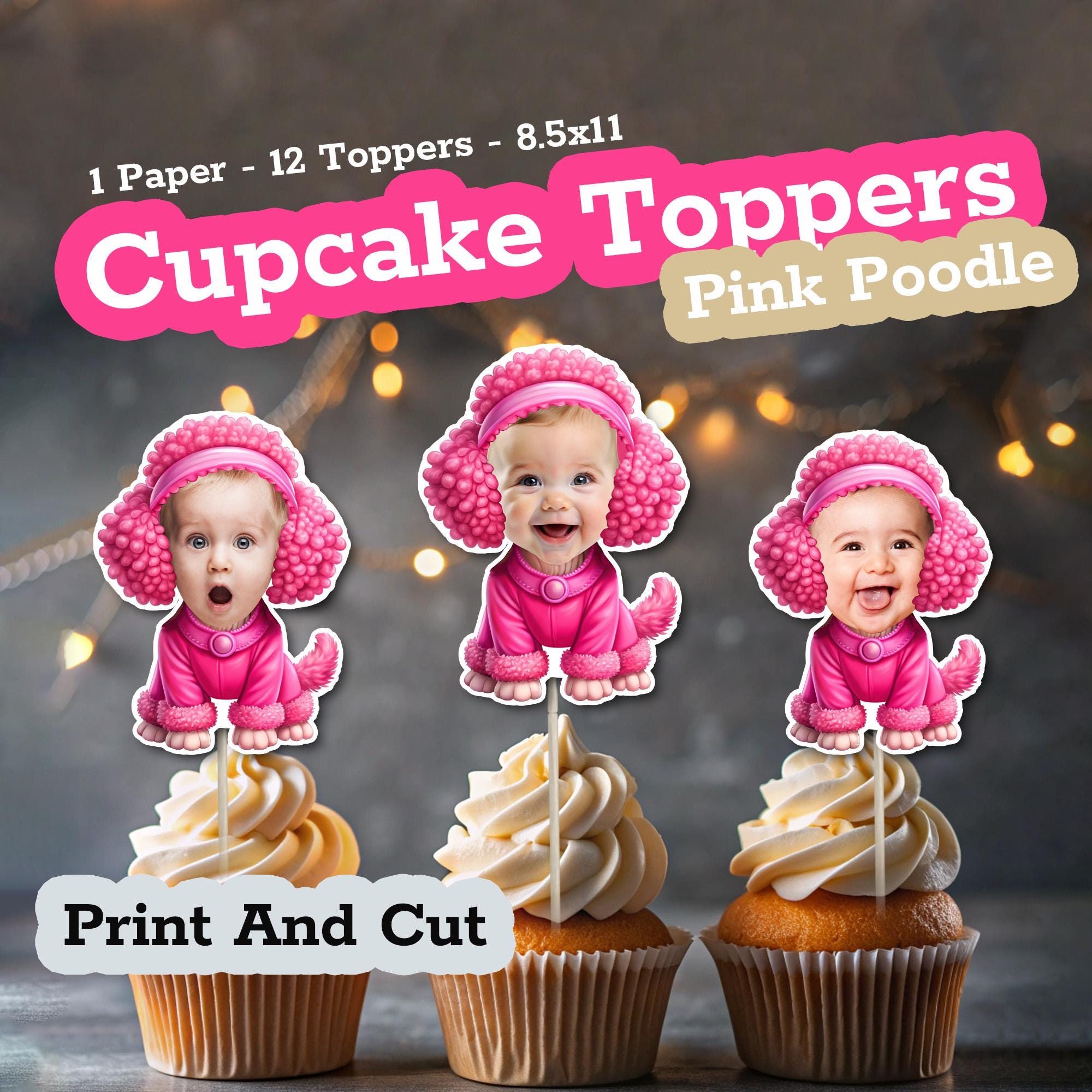 Printable PINK POODLE Face Cupcake Toppers – Custom Photo Dog Cake ...