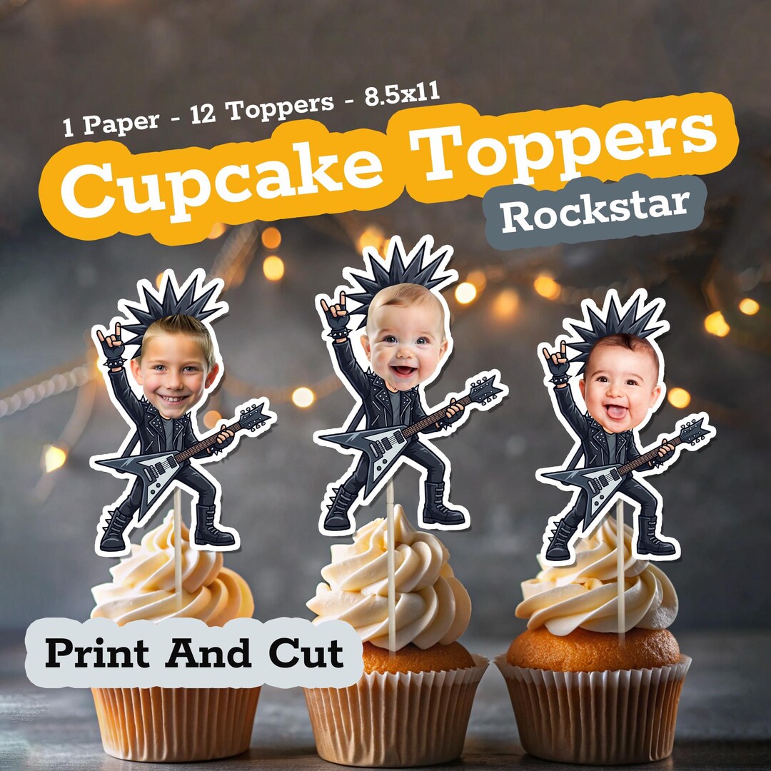 Printable Personalized ROCK STAR Face Cupcake Toppers, Music Birthday ...