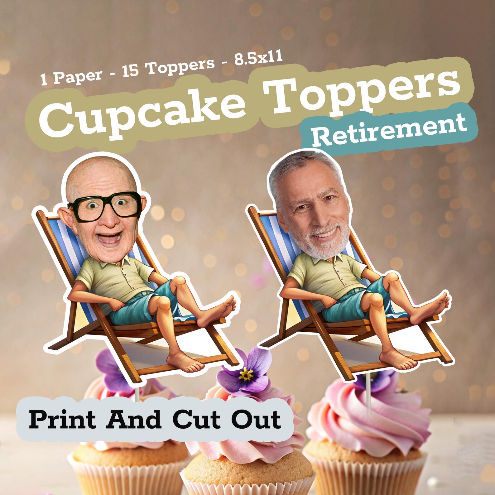 Printable Custom Photo Elderly Grandfather Cupcake Toppers | Perfect ...