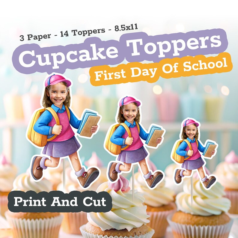 Personalized First Day of School Girl Cupcake Toppers, Hello Preschool ...