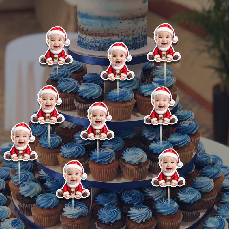 SANTA CLAUS Printable Personalized Christmas Baby Face Cupcake Toppers ...