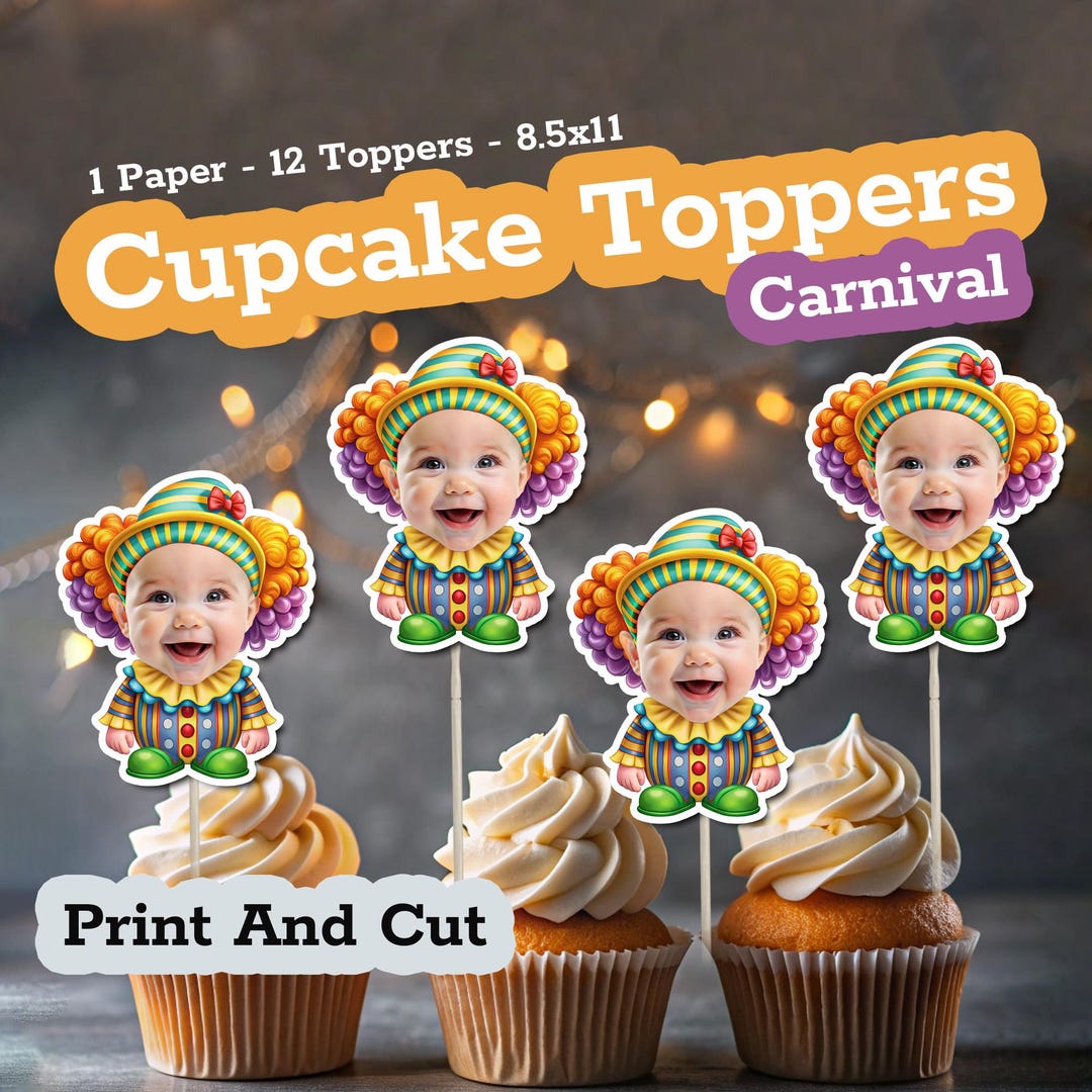 Personalized Carnival Circus Baby Face Cupcake Toppers, Custom Party ...