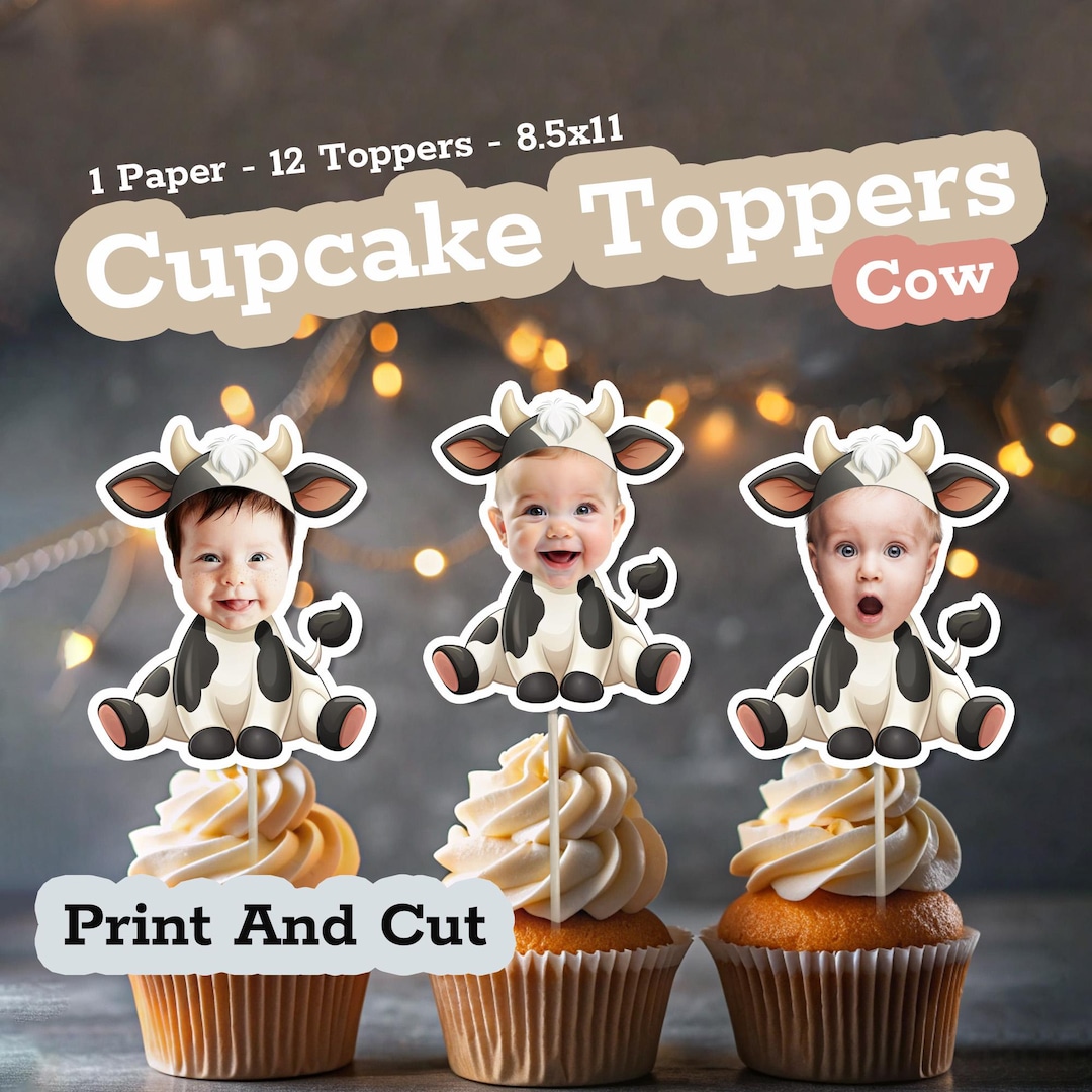 Personalized Photo Cow Cupcake Toppers, Custom Baby Face Cutout for Cow ...