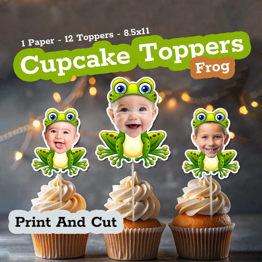 Green Baby Frog Face Cupcake Toppers – Custom Photo, First Birthday ...