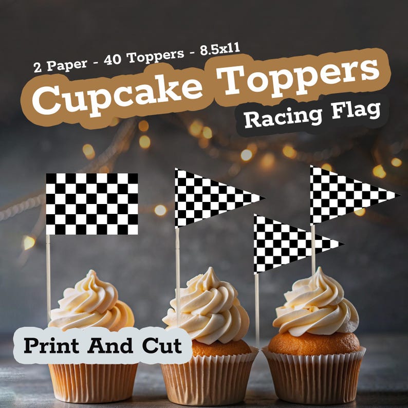 Racing Flag Cupcake Toppers Set - Checkered Finish Line Party Decor ...