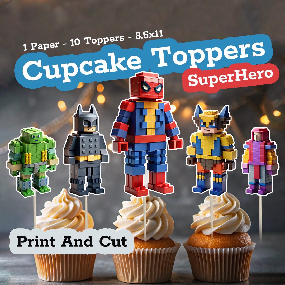 Printable SUPERHERO Building Blocks Cupcake Toppers | Superhero Party ...