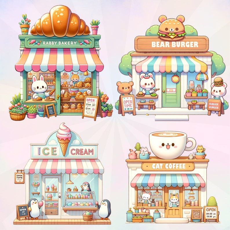 Cute Shop Clipart L Cute Animal Storefronts PNG Set - Etsy