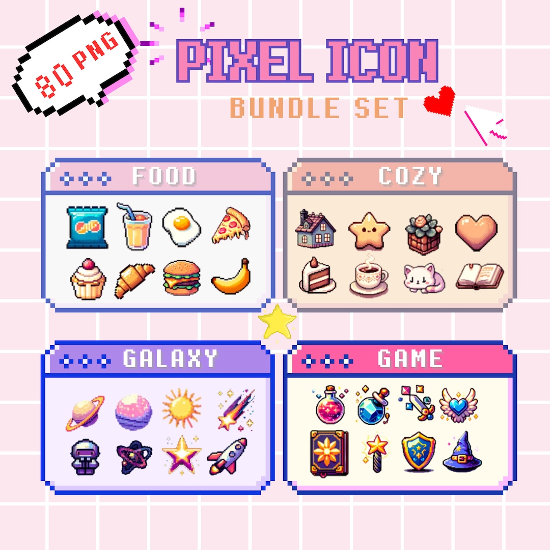 Pixel Art Icon Emote Pack: Food, Cozy, Galaxy & Games (80 PNG Files) - Etsy