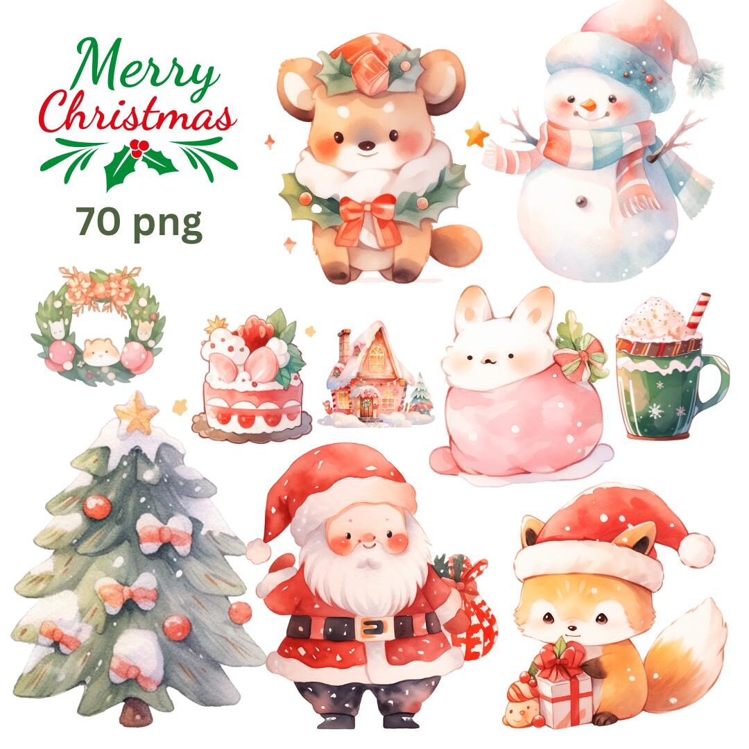 Cute Watercolor Christmas Clipart Bundle - 70 PNG Cute Holiday Elements ...