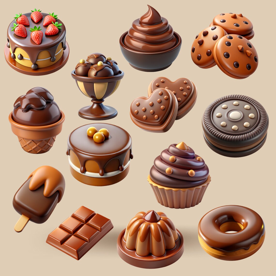 3D Chocolate Desserts Clipart Set 26 PNG - Etsy