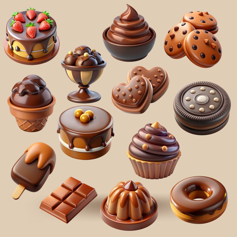 3D Chocolate Desserts Clipart Set 26 PNG - Etsy