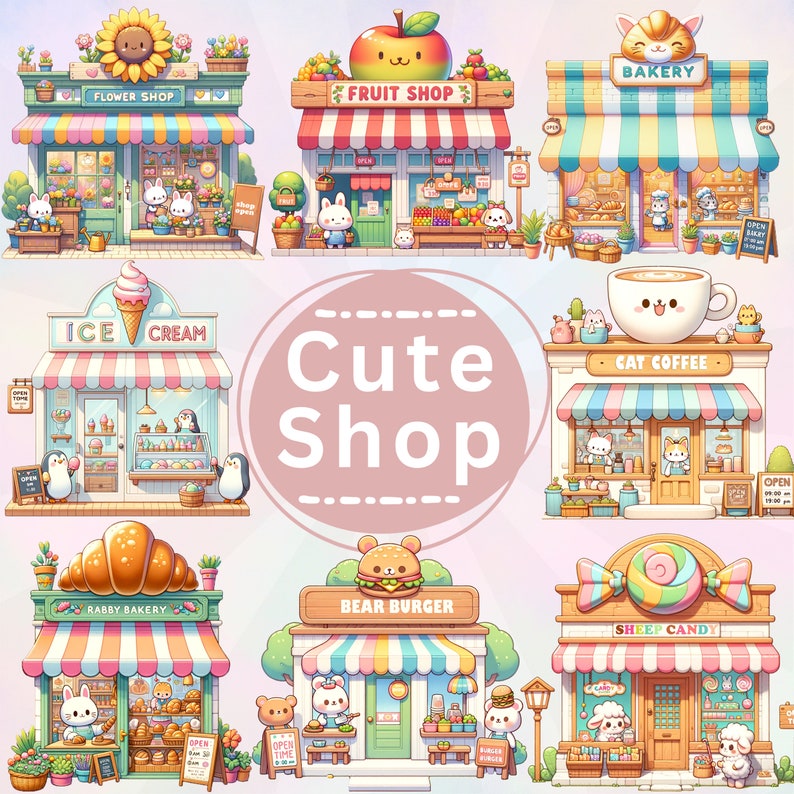 Cute Shop Clipart L Cute Animal Storefronts PNG Set - Etsy