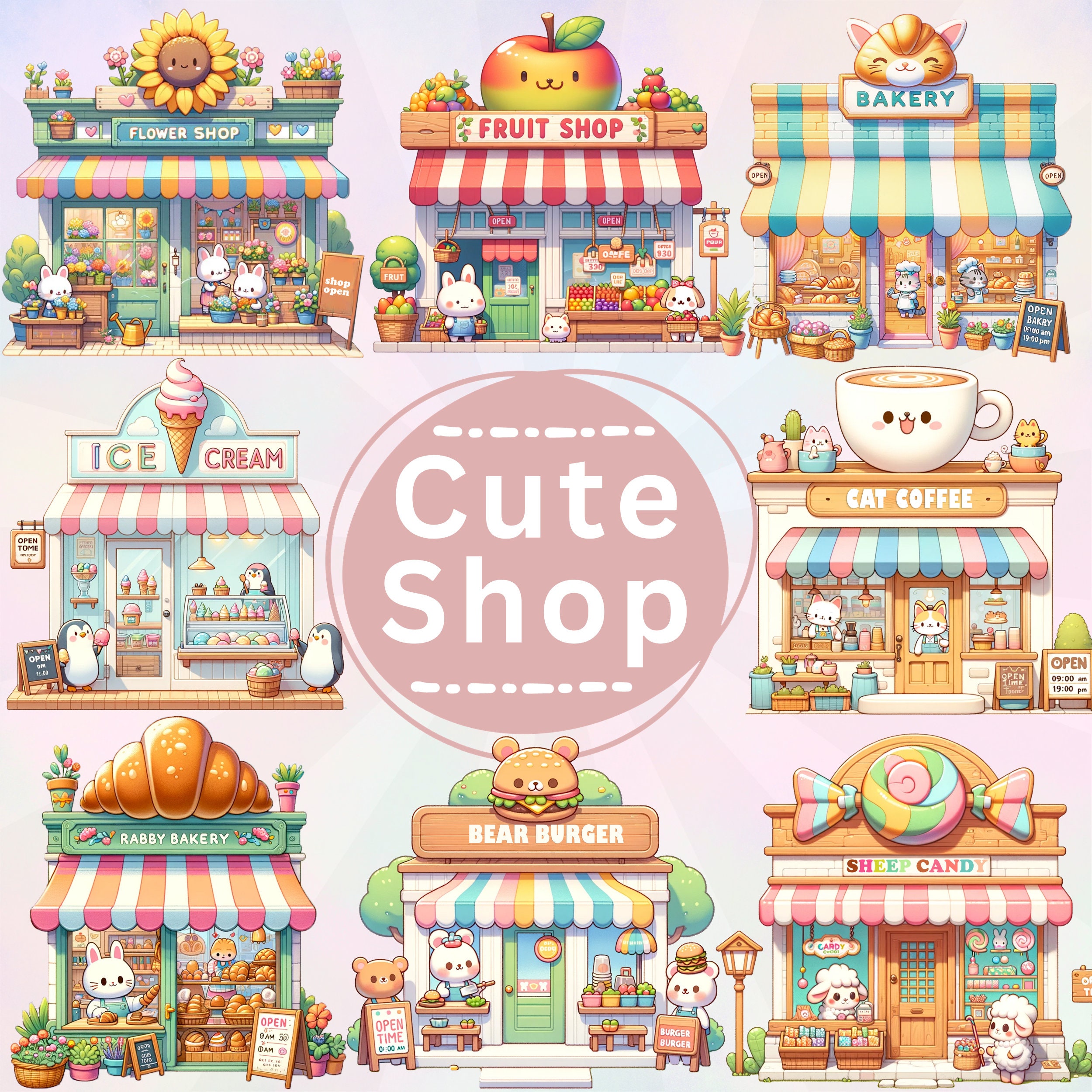 Cute Shop Clipart L Cute Animal Storefronts PNG Set - Etsy