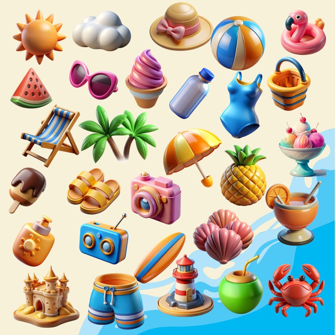 3D Beach Summer Clipart Set - Etsy
