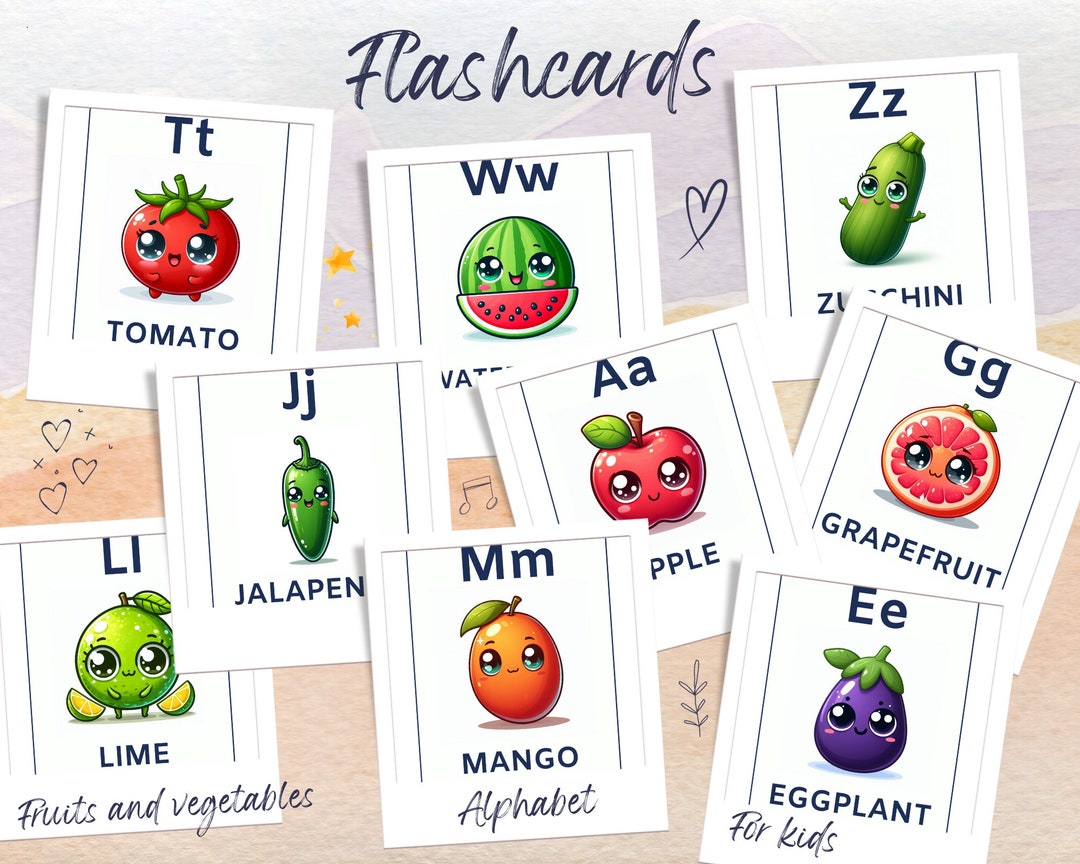 Fruits and Vegetables ALPHABET Flashcards for Kids Ready to Print ...