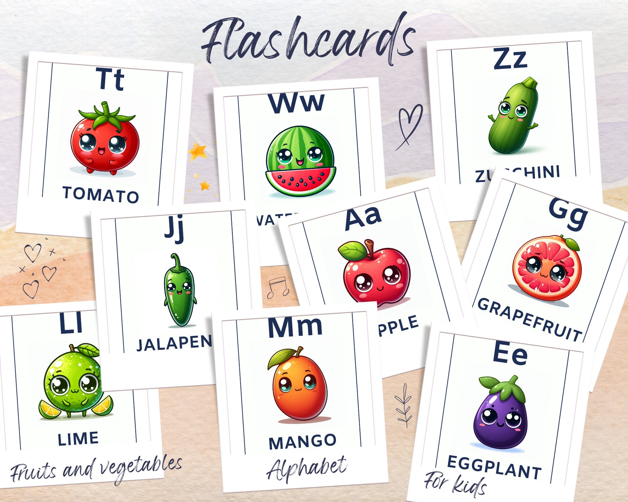 Fruits and Vegetables ALPHABET Flashcards for Kids Ready to Print ...