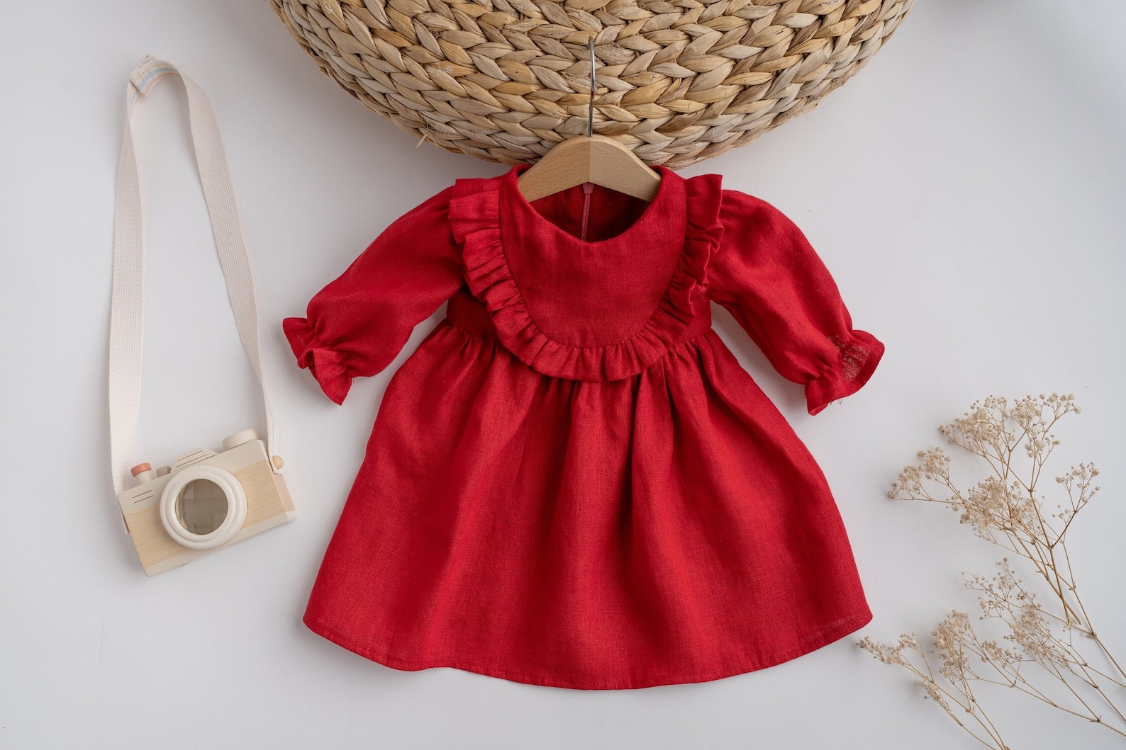 Red Baptism Dress, Baby Girl Linen Dress, Christmas Red Dress, Puff ...