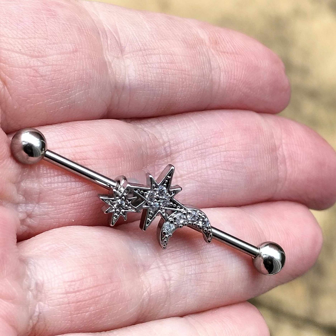 1.6-14g X 36mm Moon and Stars Industrial Barbell, Industrial Piercing ...