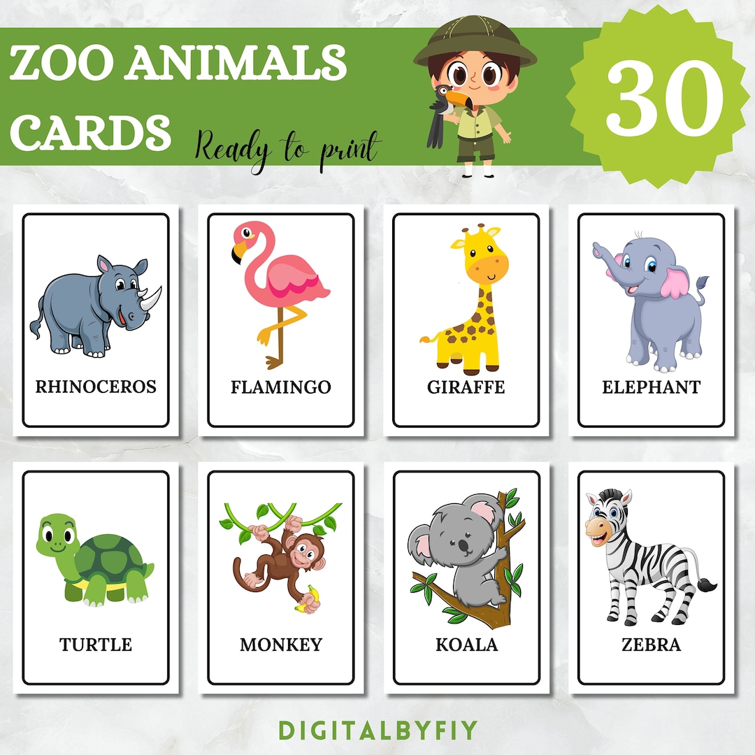 30 ZOO Animals Flashcards, Printable Flash Cards for Kids, Pre-school ...