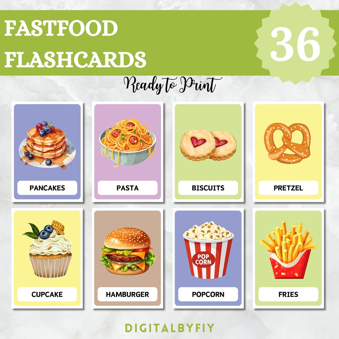 FASTFOOD Flashcards, Printable Flash Cards for Kids, Pre-school Cards ...