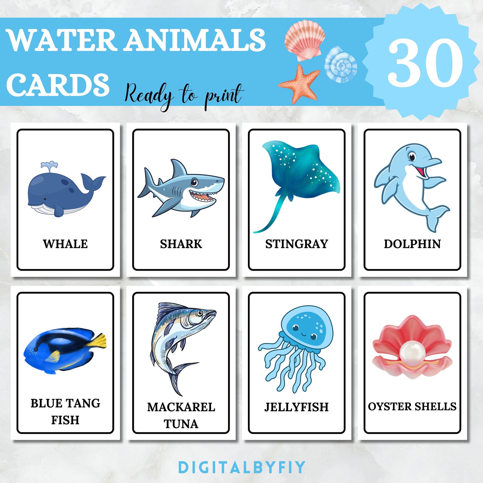 30 Water Animals Flashcards, Printable, Flash Cards for Kids, Pre ...