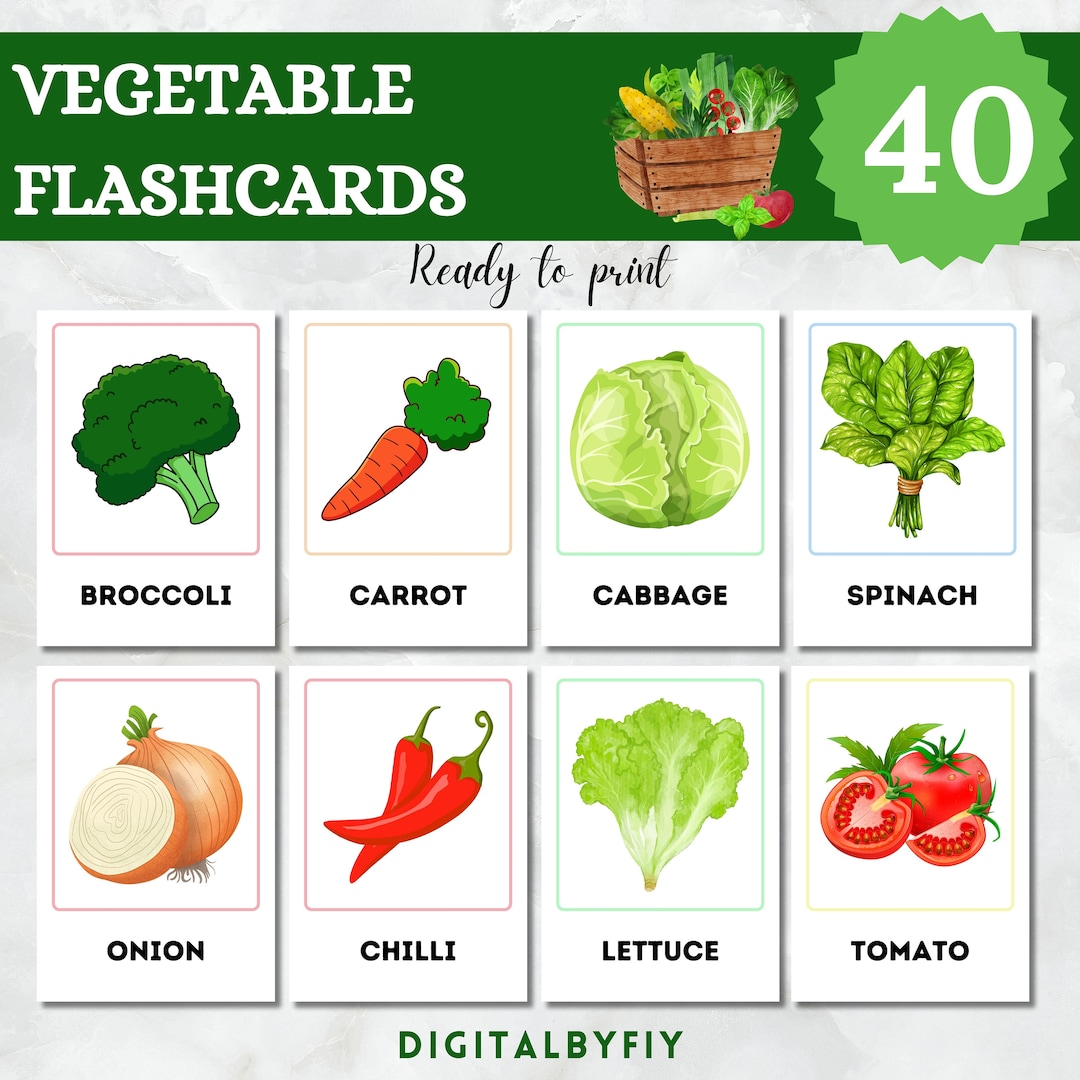 40 Vegetable Flashcards, Printable, Flash Cards for Kids, Pre-school ...
