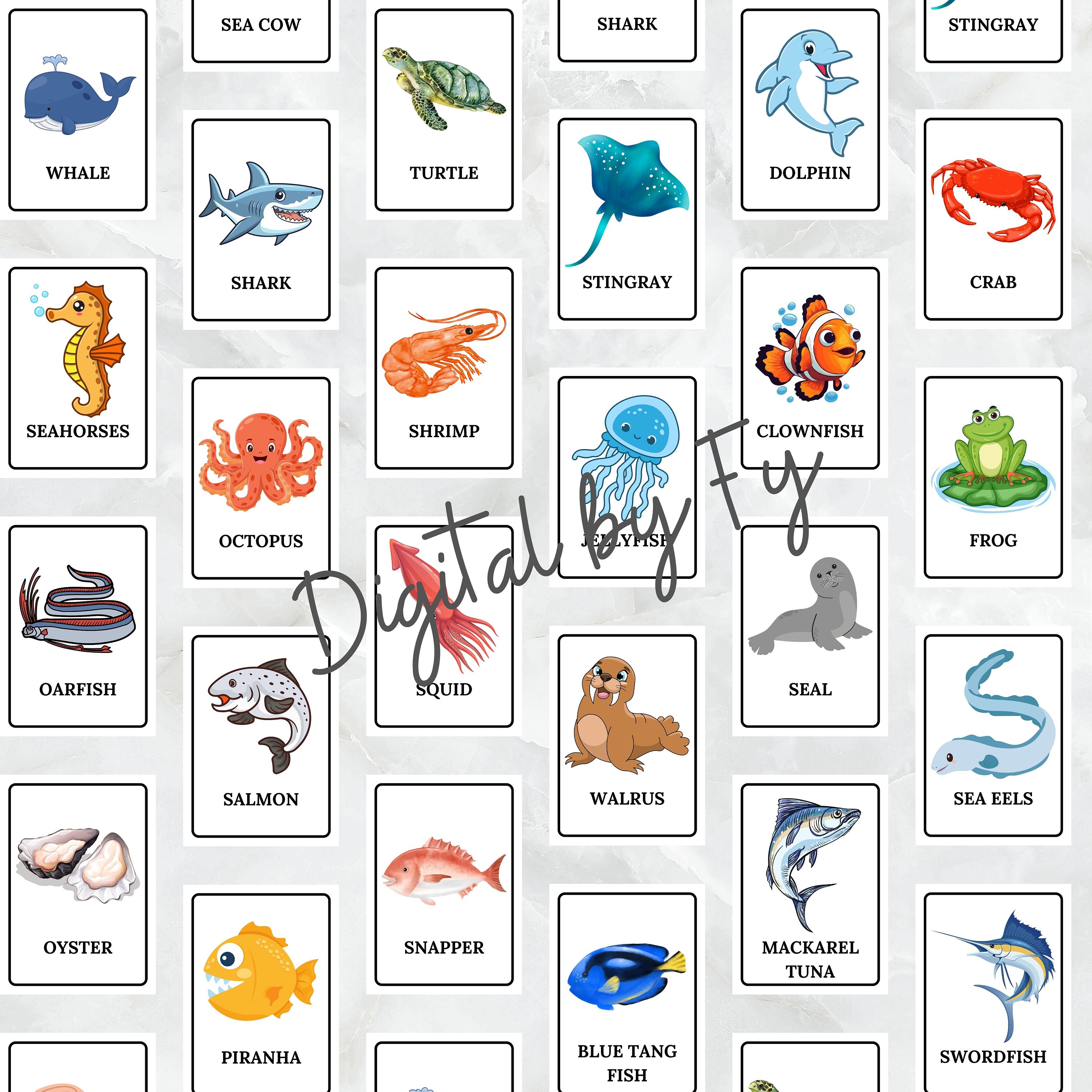 30 Water Animals Flashcards, Printable, Flash Cards for Kids, Pre ...