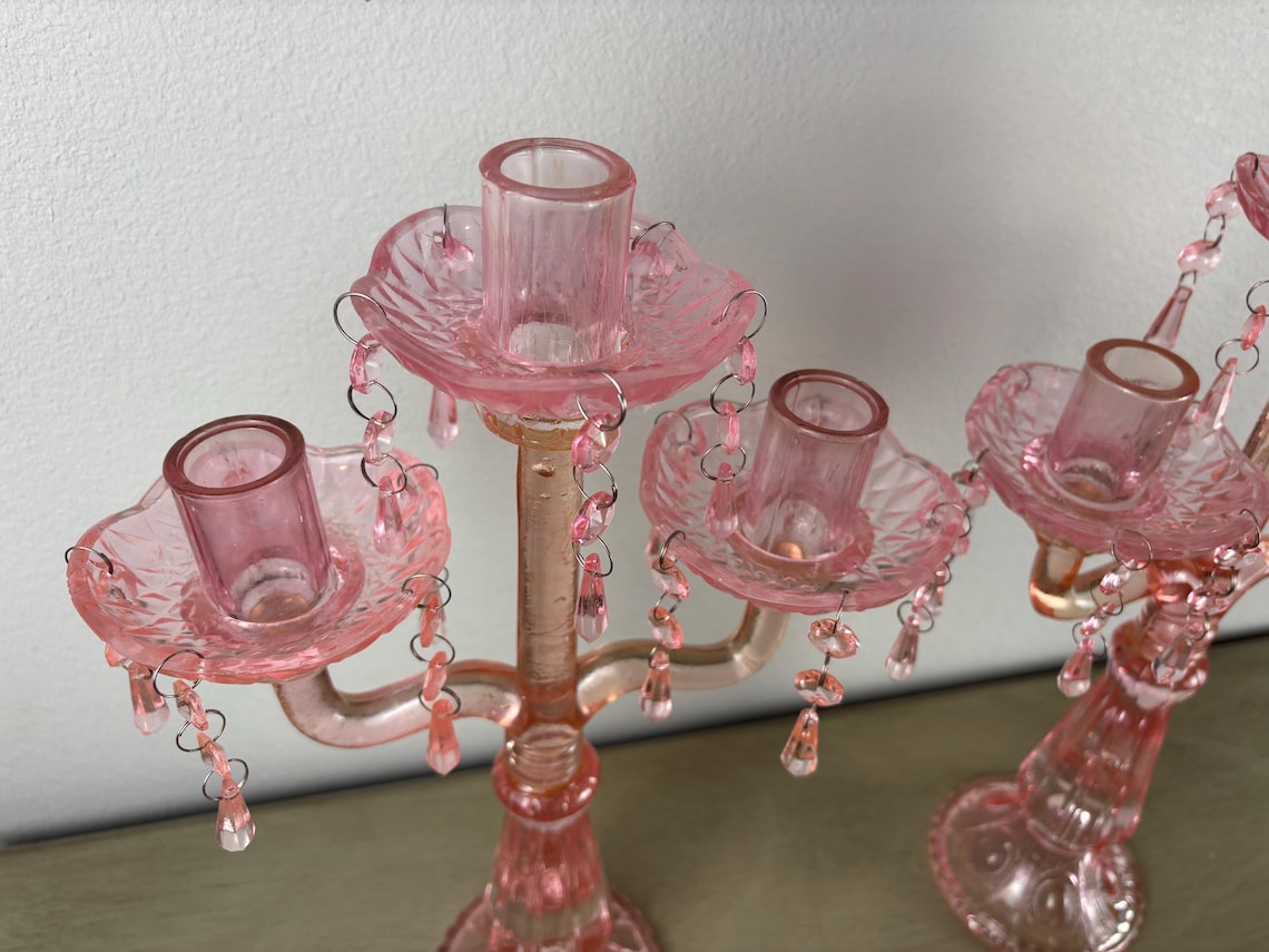 Antique Pink Depression Glass Candelabra, Baccarat Style, Crystal ...