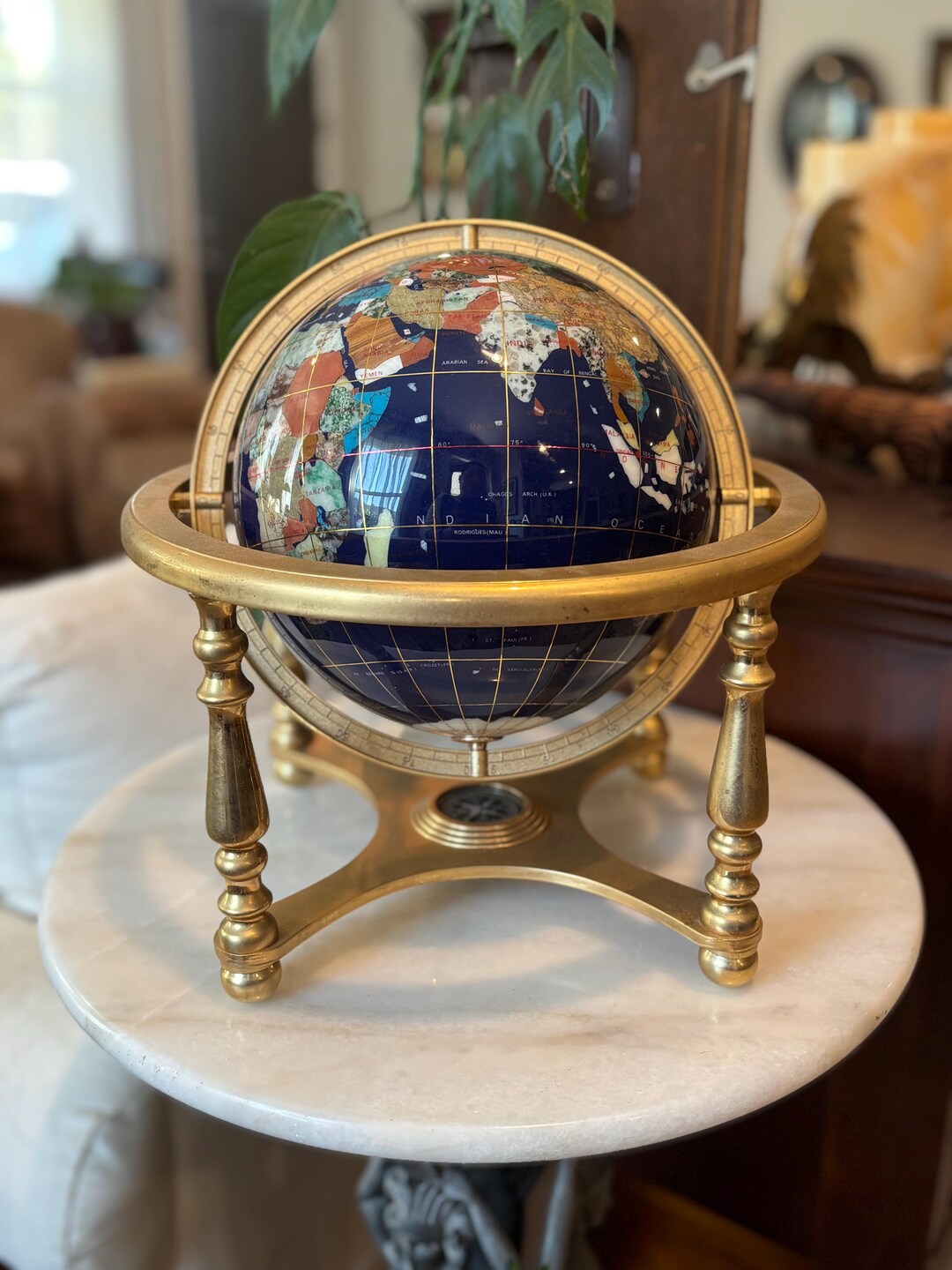 Vintage Globe Earth Semi-precious Stone With Compass, Table Top ...