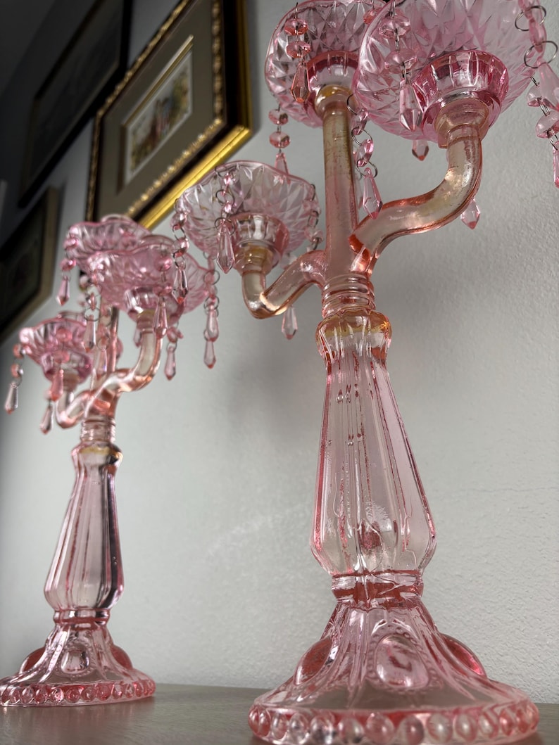 Antique Pink Depression Glass Candelabra, Baccarat Style, Crystal ...