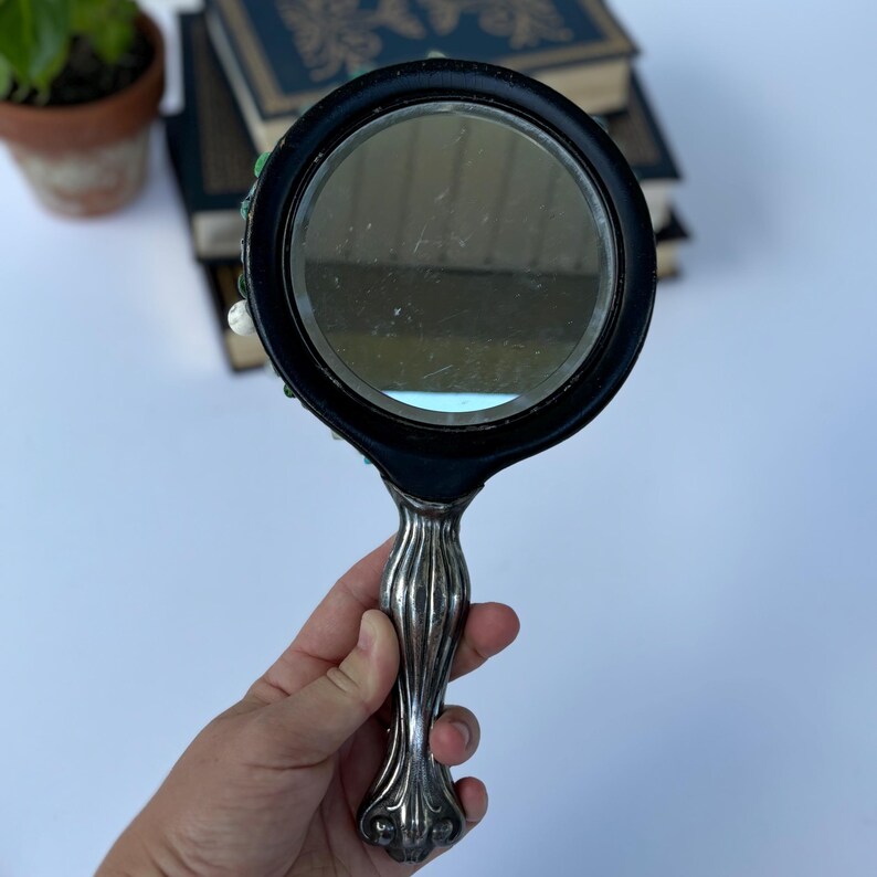 Embellished Vintage Hand Mirror, Handmade Whimsical Green Bejeweled ...