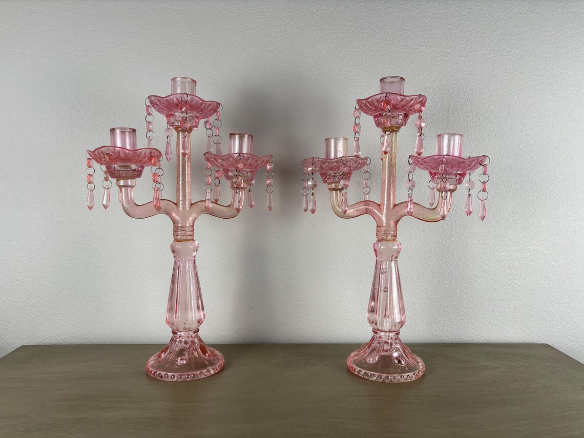 Antique Pink Depression Glass Candelabra, Baccarat Style, Crystal ...