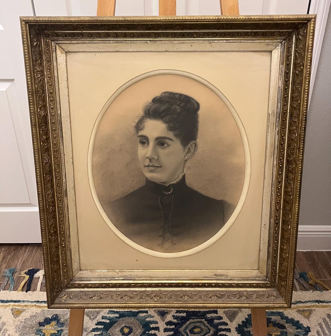 Large Antique 1880s Hand Drawn Charcoal and Chalk Portrait of a Young ...