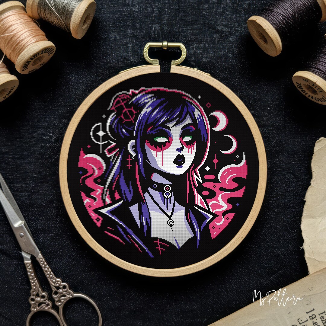 Goth Girl Cross Stitch Pattern, Gothic Counted Cross Stitch, Witch ...
