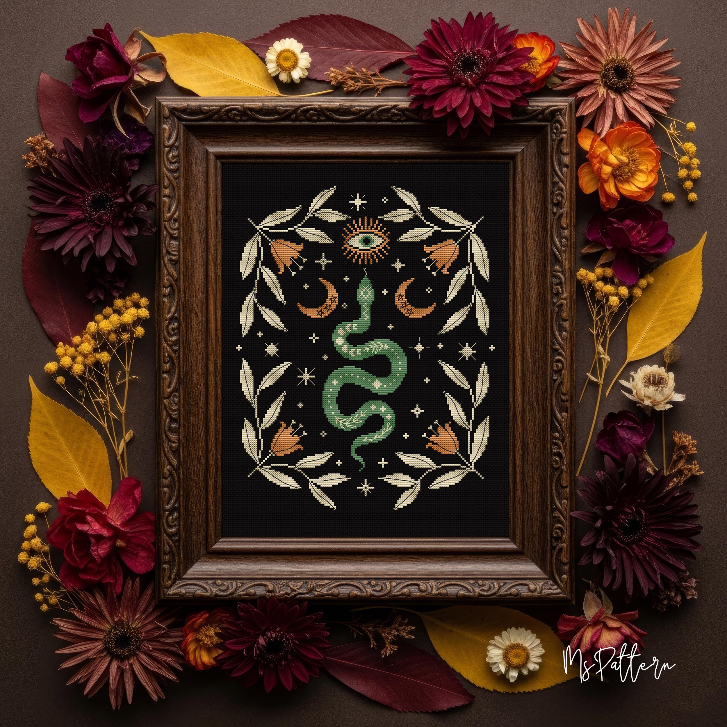 Gothic Snake Cross Stitch Pattern PDF, Floral Snake Cross Stitch ...