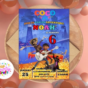 Fiesta Guitar Coco Birthday Invitation, Canva Template Digital Editable ...