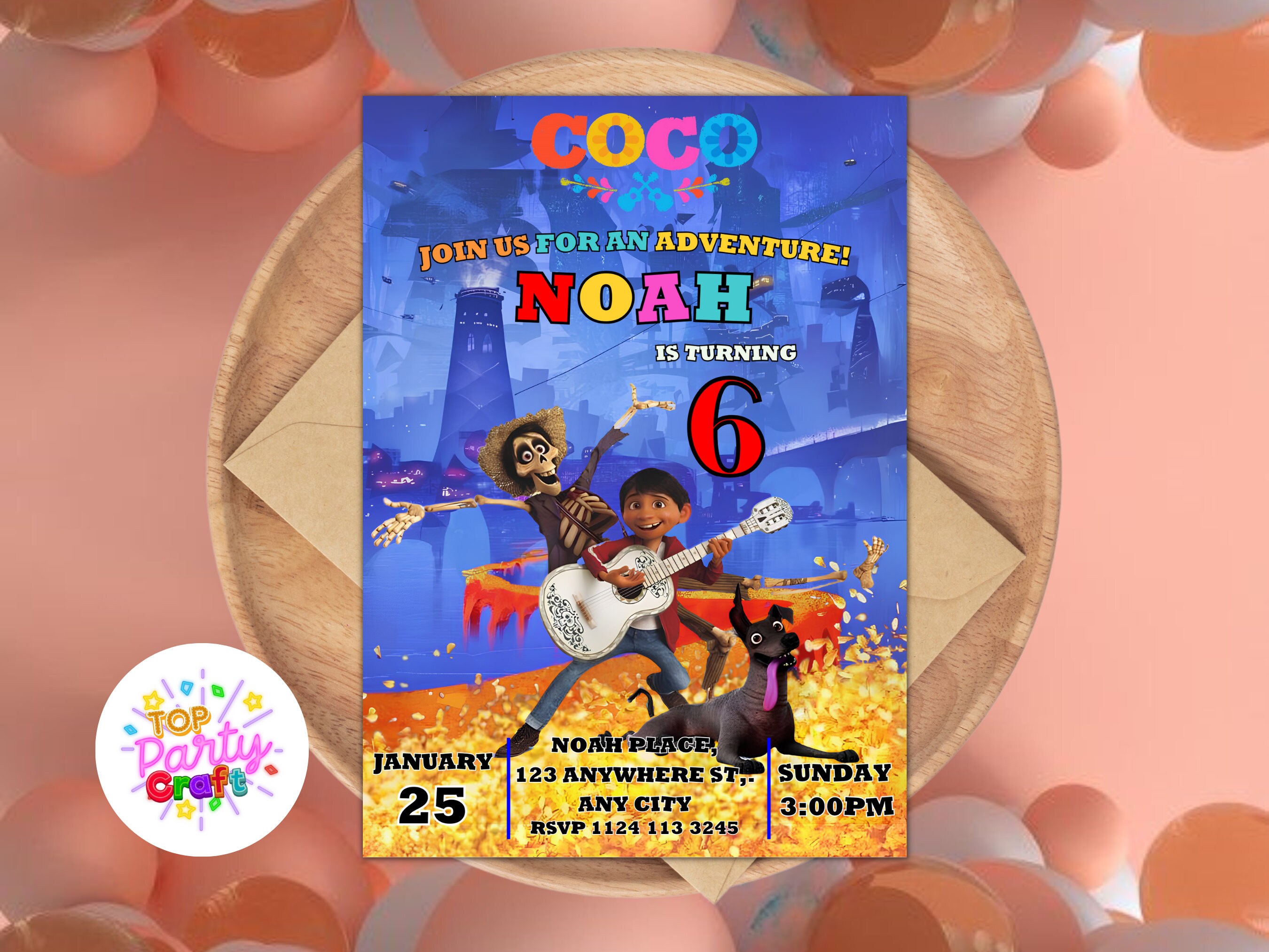 Fiesta Guitar Coco Birthday Invitation, Canva Template Digital Editable ...
