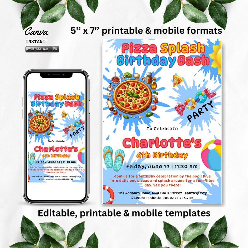 Editable Pizza Pool Party Invitation Template, Cookout Bash, Graduation ...