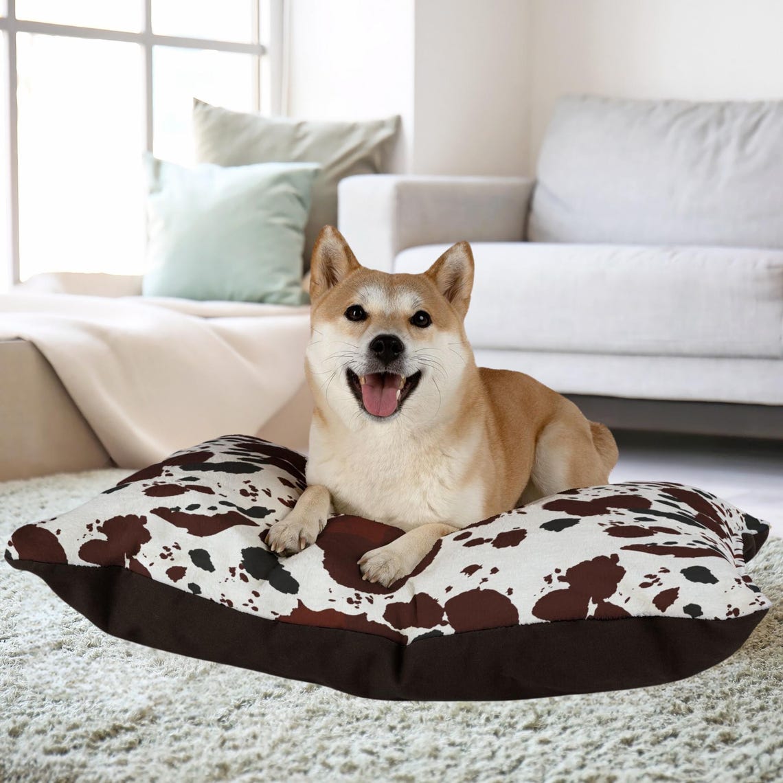 Cozy Cow Print Pet Bed, Plush Animal Print Dog Cat Cushion, Western ...
