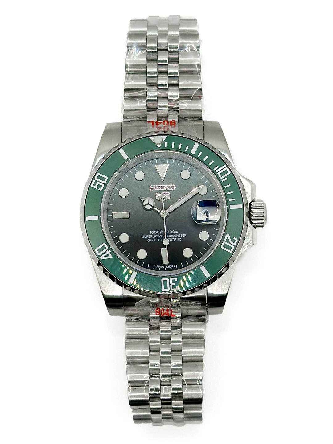 Custom Mod Watch, Seiko NH35 Automatic Movement, Submariner Style, Ceramic Green Diver Bezel ...