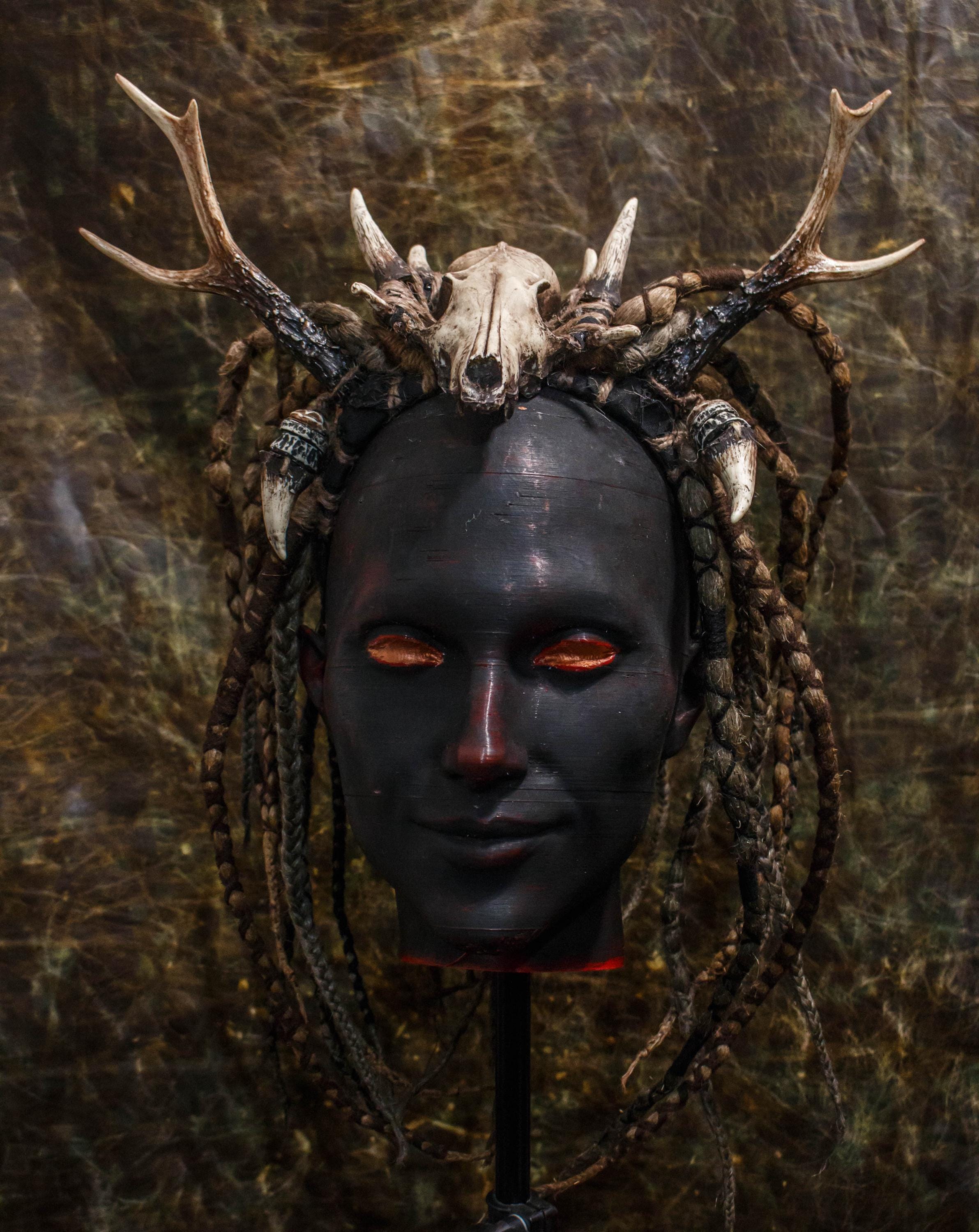 Handcrafted Shamanic Antler Headpiece With Fox Skull and Braids ...