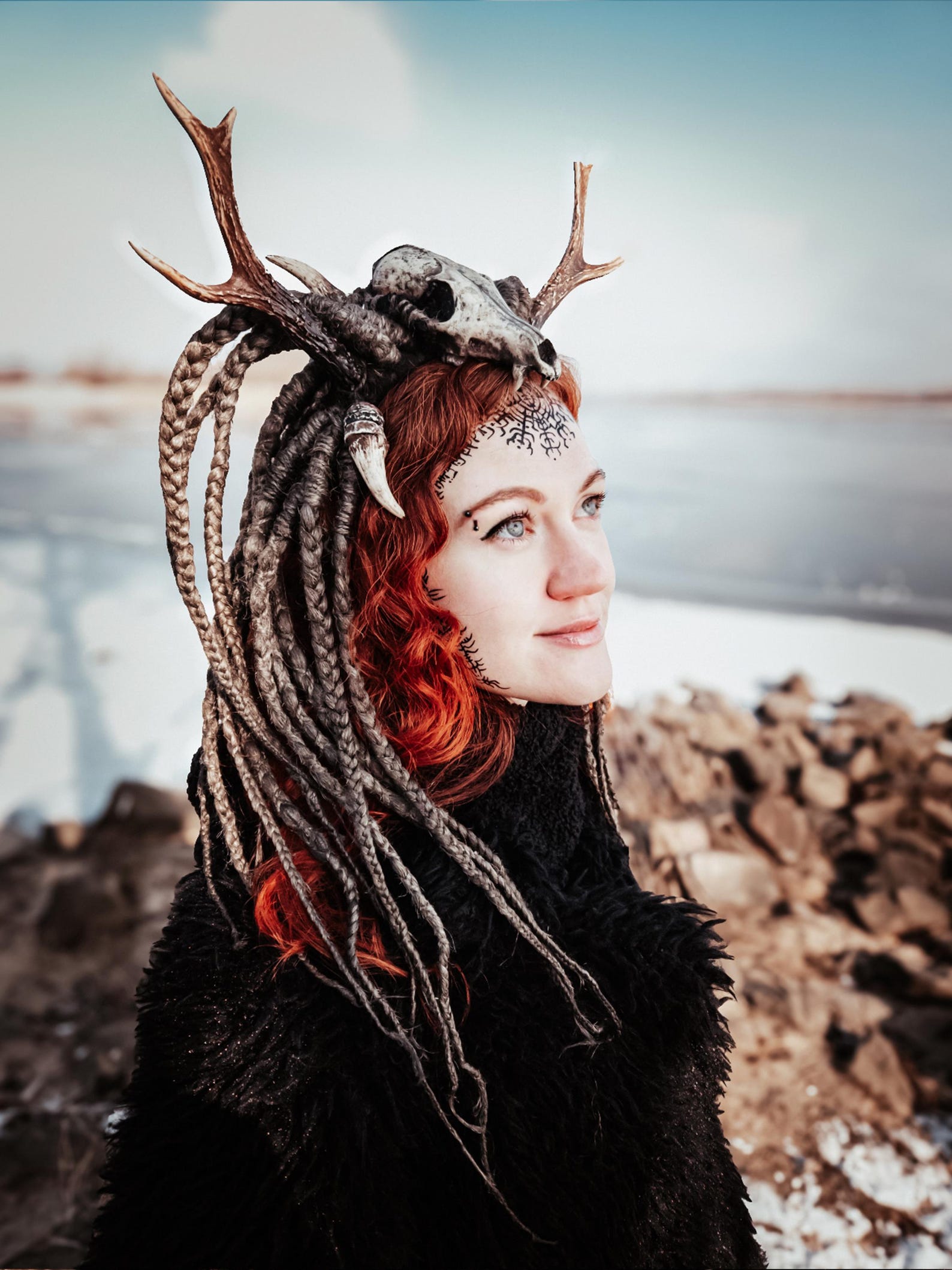 Handcrafted Shamanic Antler Headpiece With Fox Skull and Braids ...