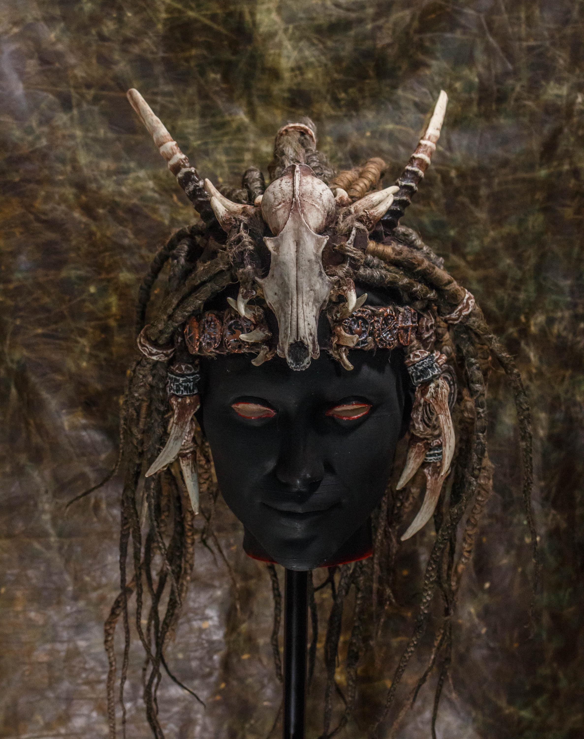 Goat Horn Rune Headdress | Fox Skull Headpiece | Tribal Witch Costume ...