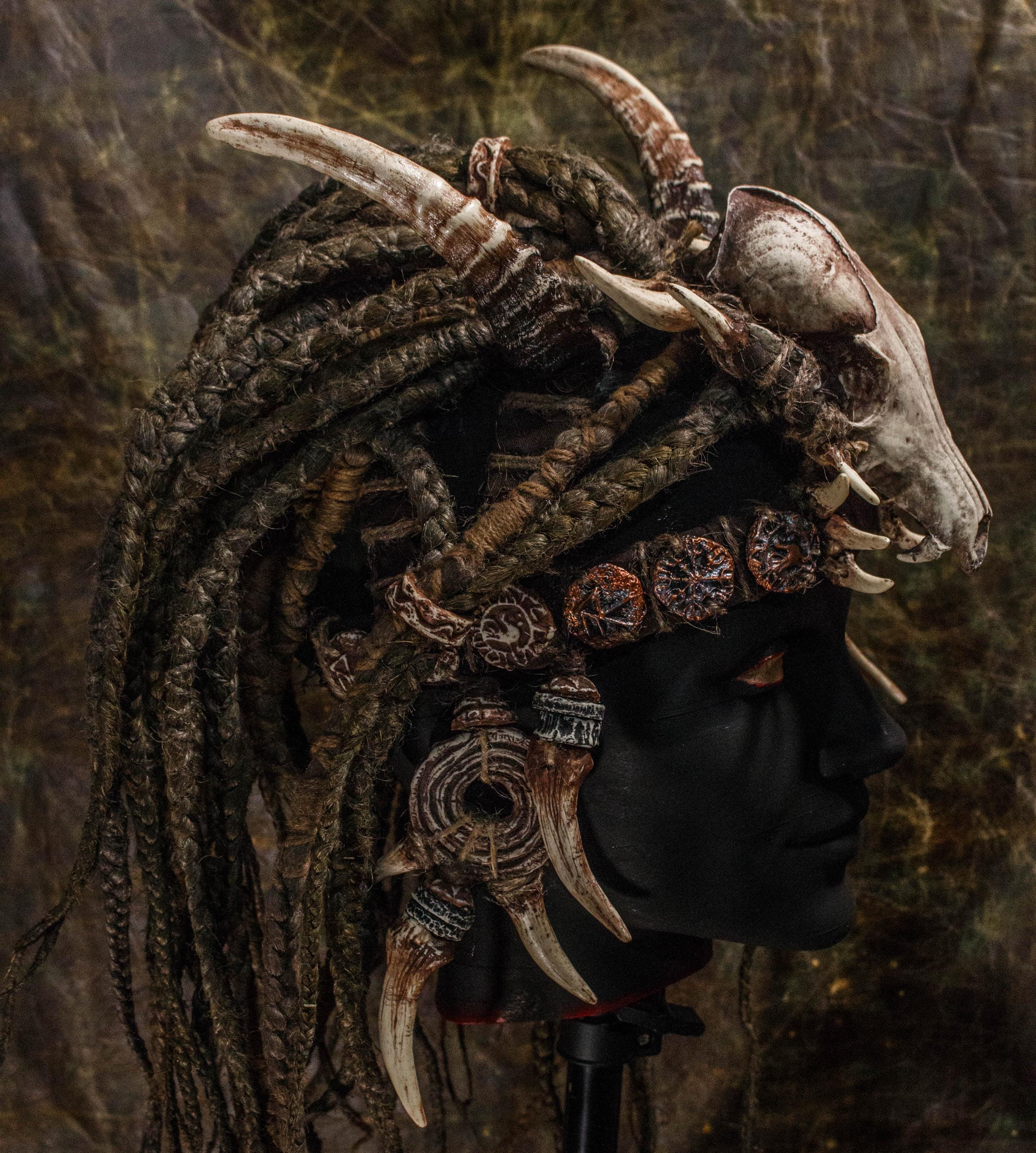 Goat Horn Rune Headdress | Fox Skull Headpiece | Tribal Witch Costume ...