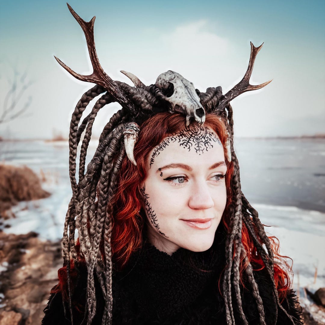 Handcrafted Shamanic Antler Headpiece With Fox Skull and Braids ...